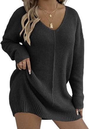 Generic Robe Tricotée Femme Décolleté V Profond Robes Pull Manches Longues Coupe Ample Élégante Robe Midi