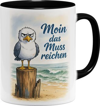 OM3 lustige M&ouml;we Aquarell Kaffee-Tasse mit Spruch - Moin das muss reichen - Maritim K&uuml;ste Norddeutschland - Keramik Becher - 325ml - Beidseitig Bedruckt -