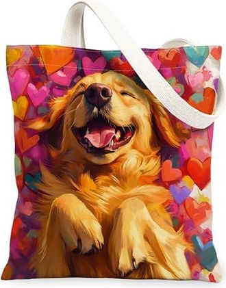 Generic Golden Retriever Sac fourre-tout en toile r&eacute;utilisable pour faire du shopping 33 x 38,1 cm, motif coeur mignon pour femme, peinture danimaux domestiqu
