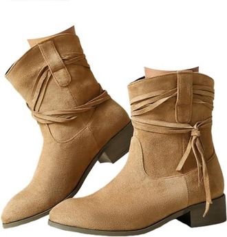 Generic Bottines larges en daim pour femme &agrave; bout rond et talon bas - Chaussures mi-mollet confortables - Chaussures de cowgirl et cowboy - Chaussures de marc