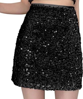 Generic Jupe &agrave; paillettes pour femme - Jupe midi &agrave; paillettes - Rose - Longueur genou - Taille haute - Mini jupe d&eacute;t&eacute; - Jupe m&eacute;tallique - Jupe Y2K - Robe de f