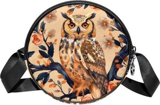 Generic Sac &agrave; bandouli&egrave;re rond pour femme, motif branches de hibou, petit sac &agrave; bandouli&egrave;re avec fermeture &eacute;clair, bretelles r&eacute;glables, sac &agrave; main rond d&eacute;cont