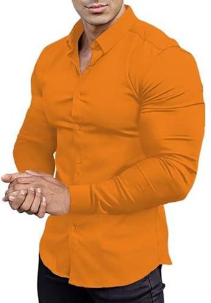 Generic Chemise &agrave; manches longues pour homme - &Eacute;l&eacute;gante chemise de loisirs - Coupe ajust&eacute;e - Col montant - Chemise traditionnelle - Stretch - Chemise &agrave; manche