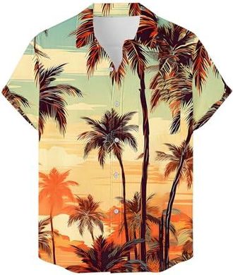 Generic Chemises hawaïennes pour homme - Chemise de plage à imprimé île avec poche - Haut dété surdimensionné à manches courtes - Chemisier boutonné à rayures