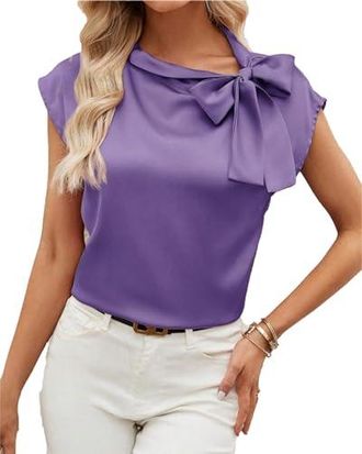 Generic Womens Bow Tie Mock Neck Cap Sleeve Satin Blouse Office Shirts Business Top Blouse