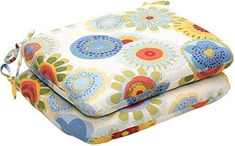 Pillow Perfect Rundes Eckstuhl-Sitzkissen mit Bändern, Plüschfaserfüllung, Wetter- und lichtbeständig, 39,4 x 47 cm, Blau/Elfenbein, 2 Stück