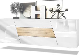 Vladon Sideboard Houston, Made in Germany, h&auml;ngende Kommode mit 2 T&uuml;ren & 3 Schubladen, Korpus Wei&szlig; matt, Fronten Wei&szlig; Hochglanz, mittlere Schublade Eiche Na
