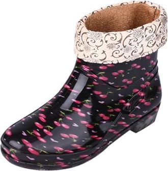 Generico Generico Bottes en caoutchouc pour femme de pluie basse coupe-vent, bottines de pluie pour femme rembourr&eacute;es avec poils, bottes courtes moyennes, haut