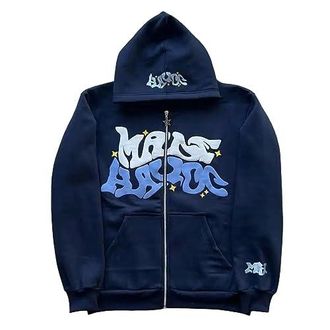 Generic 2026 Vestes &agrave; capuche &agrave; fermeture &eacute;clair pour femme Style r&eacute;tro d&eacute;contract&eacute; Extra Large, bleu marine, L