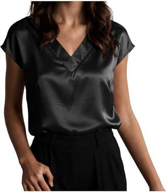 Generic Chemisier Satin avec Brillance Manche Courte Femme, Col Rond Hauts pour Printemps &Eacute;t&eacute; T-Shirt Soie Chic Et &eacute;l&eacute;gant Top L&acirc;che D&eacute;contract&eacute; Aspect Soie C