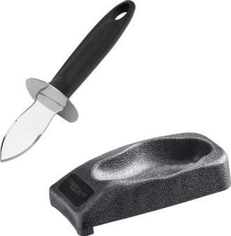 Westmark Austern-Set: 1 Austernbrecher, beidseitig geschliffene Klinge + 1 Austernhalter mit Anlegekante, Rostfreier Edelstahl/Kunststoff, Silber/Schwarz, 6615