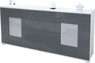 Vladon Sideboard Grömitz V2, Kommode mit 2 großen Türen und 4 Schubladen, Weiß matt/Grau Hochglanz (166,5 x 75,5 x 35)