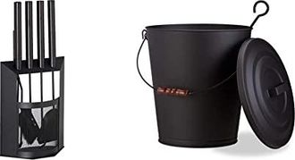 Relaxdays Kaminbesteck, 5-teilige Kamingarnitur, modern, schwarz & Ascheeimer mit Deckel, Stahl Kohleeimer mit 24 L Stauraum, Kamineimer mit Henkel und Holzgrif