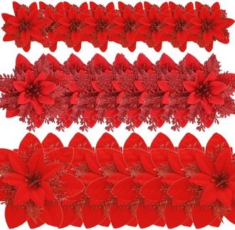 Green Time 24 St&uuml;ck Glitzer-Weihnachtssterne, k&uuml;nstliche Blumen, Weihnachten, mit Clips, Stielen, Christbaumschmuck, f&uuml;r Hochzeitsfeiern, Kranzdekoration