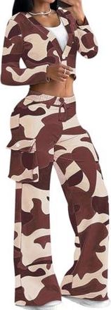 Onsoyours Ensemble de Survêtement Femme 2 Pièces Sweat et Pantalon Jogging avec Cordon et Poches Chic Sportswear Camouflage Tenue de Sport Loisirs pour Femme Lo