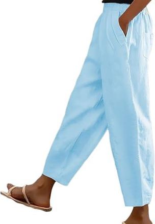 Generic Pantalon en coton et lin pour femme - Jambe large - Pantalon de plage d&eacute;t&eacute; pour femme - Confortable - Pantalon de yoga Palazzo XIYU26006, bleu clair, 