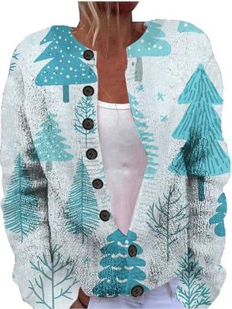 Generic 2026 Vestes pour femmes &agrave; la mode et d&eacute;contract&eacute;e pour lautomne et lhiver No&euml;l imprim&eacute; cardigan veste, bleu clair, XXL