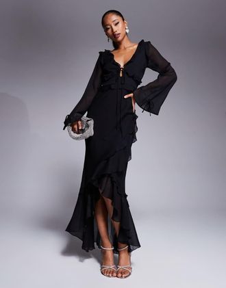 Asos Robe longueur mollet &agrave; volants et liens devant avec ourlet asym&eacute;trique - Noir