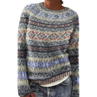 Generic Pull Fairisle pour femme - Motif nordique vintage - Pull dhiver chaud en tricot festif - Pull en tricot fin confortable, Zf-Gris, 3XL