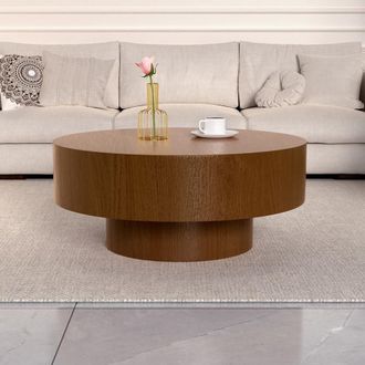 Generic Moderner runder, trommelf&ouml;rmiger Couchtisch mit Rillenprofil f&uuml;r das Wohnzimmer, Kleiner minimalistischer Beistelltisch aus Holz im Mid-Century-Stil m