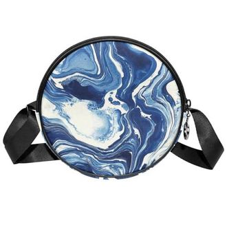 Generic Petit sac &agrave; bandouli&egrave;re circulaire pour femme, bleu et blanc, motif aquarelle tourbillon avec fermeture &eacute;clair, bretelles r&eacute;glables, sac &agrave; main rond d