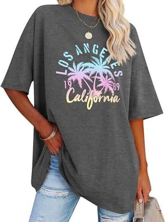 Dresswel T-shirt surdimensionné pour femme California Lettre imprimée Vintage T-shirt manches courtes col rond Haut dété ample Chemisier long Tunique Top pour 