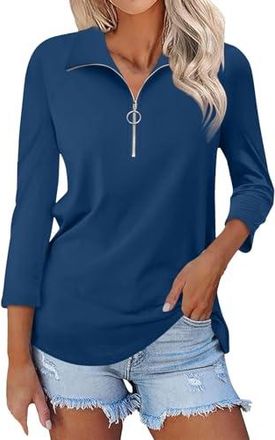 Generic Polo pour femme - Grande taille - Manches longues - Revers et fermeture éclair - Couleurs contrastées - Polo de golf en piqué - Pour sport de plein ai