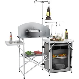 OUTSUNNY Campingk&uuml;che klappbar, Outdoor K&uuml;che mit UV-Schutz, Windschutz, Schr&auml;nkfach, 3 Arbeitsplatten, Lichtst&auml;nder, Aluminium, f&uuml;r Camping, Garten, Silber