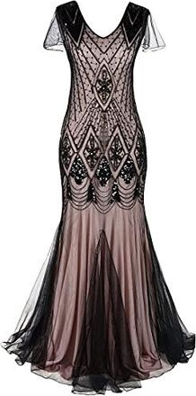 Ibtom Robe gar&ccedil;onne Gatsby des ann&eacute;es 1920 pour femme - Style vintage - Col en V - Perles et paillettes - Ourlet sir&egrave;ne - Robe de soir&eacute;e formelle, de danse,