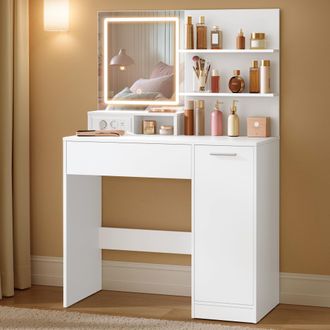 Vasagle Kailyn Kollektion - Schminktisch, Frisiertisch mit LED-Spiegel und Steckdosenleiste, Kosmetiktisch, Schublade und offene Ablagen, Schrank mit 2 verste