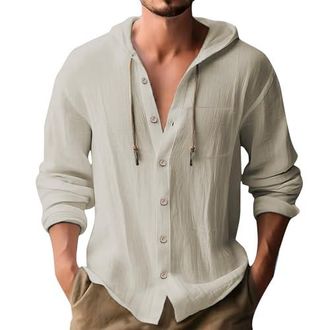 Generic Chemise en lin pour homme - Chemise longue en lin pour homme - Col en V blanc - Polo de plage en coton blanc pour la plage - Coupe r&eacute;guli&egrave;re - Chemise