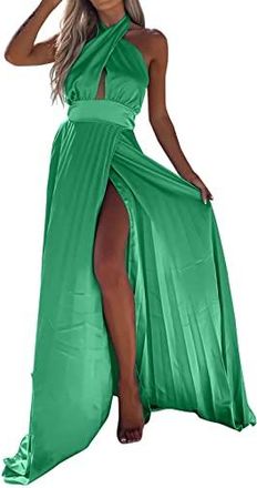 Generic Robe boh&egrave;me 2026 pour femme, robe longue sans manches, &eacute;paules d&eacute;nud&eacute;es, couleur unie et imprim&eacute;e, ourlet fendu avec cordon de serrage, Vert, XL