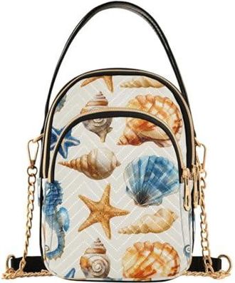 Mnsruu Petit sac &agrave; bandouli&egrave;re en cuir pour femme Motif coquillage dhippocampe Blanc Jaune