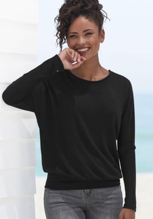 Vivance Langarmshirt VIVANCE mit breitem Bund, Damen, Gr. 32/34, schwarz, Feinstrick, Obermaterial: 55% Polyester (REPREVE), 43% Viskose, 2% Elasthan, meliert