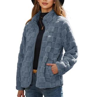 Generic Veste polaire Sherpa pour femme, chaude à manches longues, col montant, fermeture éclair intégrale, veste à carreaux douillette avec poches, gris/bleu