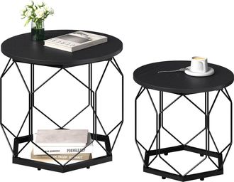 Woltu 2er Set Couchtisch, Beistelltisch mit runder Tischplatte, Sofatisch mit hohlem Metallrahmen, Wohnzimmertisch mit Stauraum, aus Holzwerkstoff, Schwarze