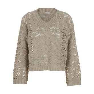Brunello Cucinelli Femme, Pulls, Beige, Taille: 42 FR Pull Beige &agrave; Col en V avec D&eacute;tails Perfor&eacute;s