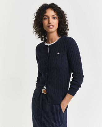 GANT Damen Strickjacke aus Stretch-Baumwolle mit Zopfmuster (XXXL) EVENING Blau