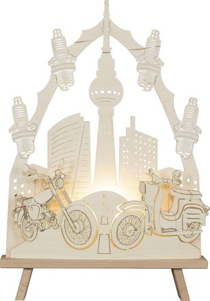 Rudolphs Schatzkiste Lichterspitze Moped-Motiv LED-Beleuchtung Natur BxHxT 37,5x44x6cm NEU Schwibbogen Lichterbogen Fensterbogen Spitzbogen Erzgebirge Weihnachten Bergbau 