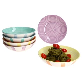 MamboCat Beach Pastello Stripes 6er Set Suppenteller I 600ml I Steingut-Teller mit Pastell Streifen f&uuml;r 6 Personen I Tiefe Teller f&uuml;r Salat, Suppe, M&uuml;sli, Past