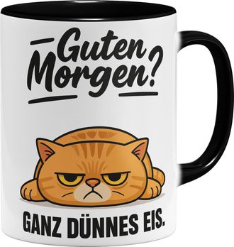 OM3 Lustige Katze Kaffee-Tasse mit Spruch - Guten Morgen Ganz dünnes Eis - Morgenmuffel - Keramik Becher - 325ml - Beidseitig Bedruckt - Schwarz