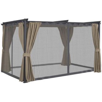 IDMarket Pergola &eacute;dition int&eacute;grale moustiquaire toit r&eacute;tractable 3x4 M et 4 rideaux taupe