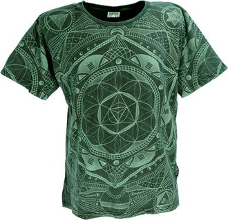 Guru Shop Tibet & Buddhist Art T-Shirt, Flower of Life Mandala Stonewash T-Shirt - Gr&uuml;n, Herren, Baumwolle, Size:XL