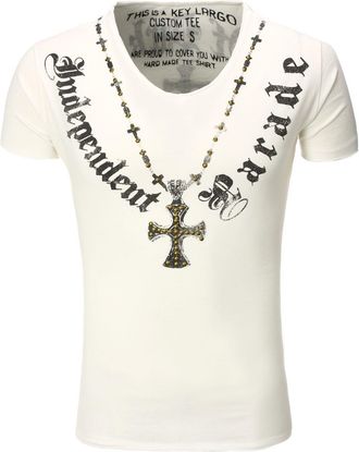 Key Largo Key Largo Herren vintage Look T-Shirt Independent Kreuz Nieten Print v-neck tiefer V-Ausschnitt Slimfit, Gr&ouml;sse:XL;Farbe:Wei&szlig;