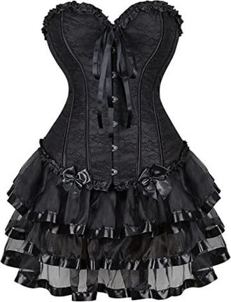 Grebrafan Bustier Corset Sorcière et Jupe Tulle Gothique Femme (EUR(42-44) 3XL, Noir)