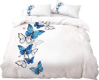 Generic Housse de Couette 140x200 Papillon Parure de Lit 1 Personne Motifs Bleus 3 Pi&egrave;ces Housse Couette en Microfibre Douce Imprim&eacute; 3D avec 2 Taies doreiller