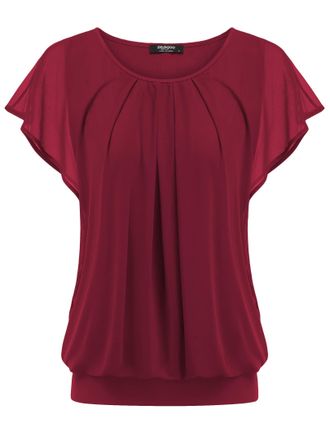 Zeagoo Damen Chiffon Bluse Fledermausärmel Casual Shirts Doppellagiges Hemd Einfarbig/Blumen Sommer Weinrot L