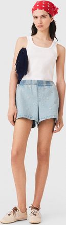 Maje Short En Denim Avec Fleurs - Bleu - Maje