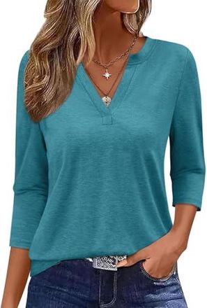Onsoyours Tee Shirt Femme Manches 3/4 Col en V T-Shirt Ete Décontracté Haut Basic Top A Turquoise L