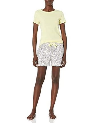 Amazon Essentials Ensemble T-Shirt et Short de Nuit en Popeline Femme, Jaune Imprimé Confettis, XL